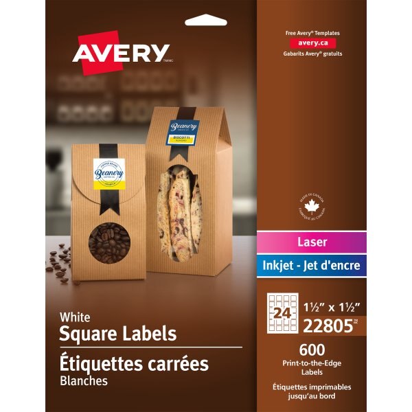 Avery® Print-to-the-Edge Square Labels, 1-1/2" x 1-1/2", White, 600/pkg