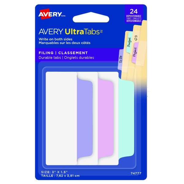 Avery UltraTabs™ Filing Tabs, 3" x 1-1/2", Pastel Colours