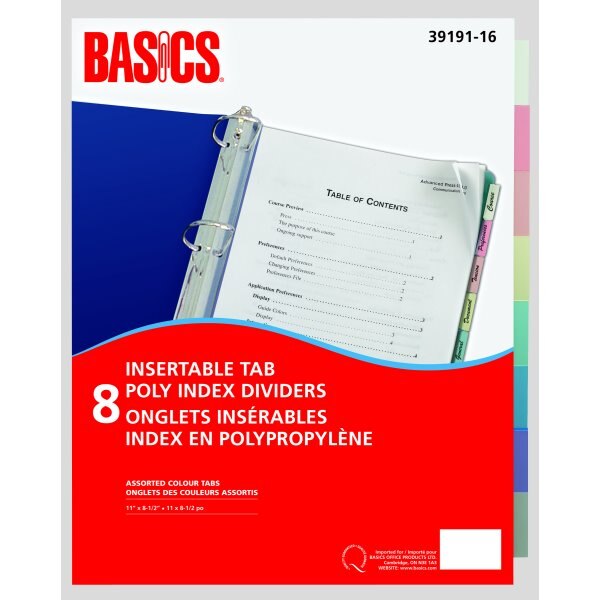 Basics® Poly Index Dividers, Assorted Colours, 8-Tab