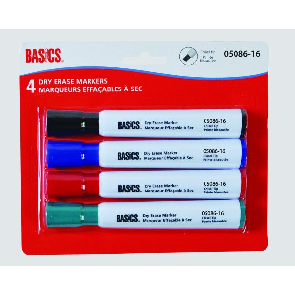 Basics® Dry Erase Whiteboard Markers, Chisel Tip, Assorted Colours, 4/pkg