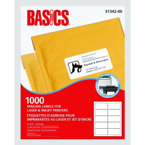 Basics® Mailing Labels, 4" x 2", White, 1000/bx