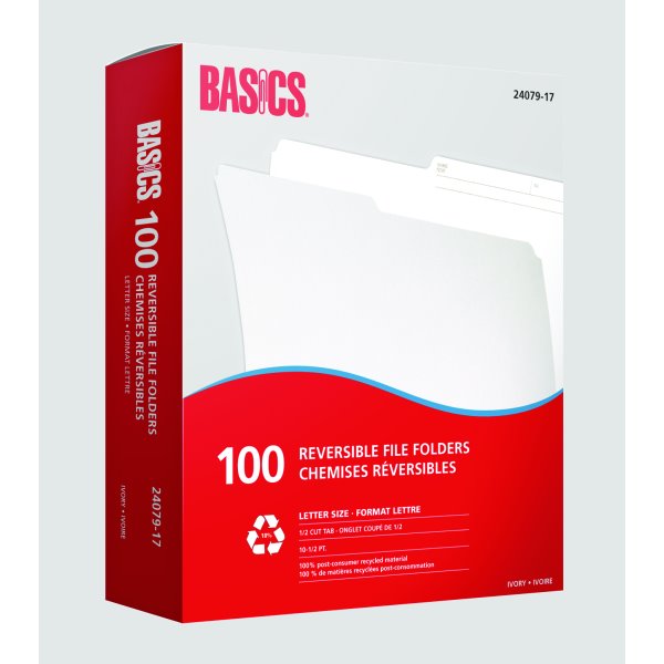 Basics® Reversible File Folders, Letter, Ivory, 100/bx