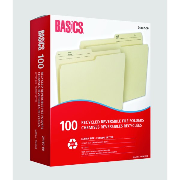 Basics® Recycled Reversible File Folders, Letter, Manila, 100/bx