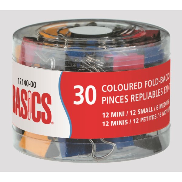 Basics® Coloured Fold-Back Clips, Assorted Colours & Sizes, 30/tb