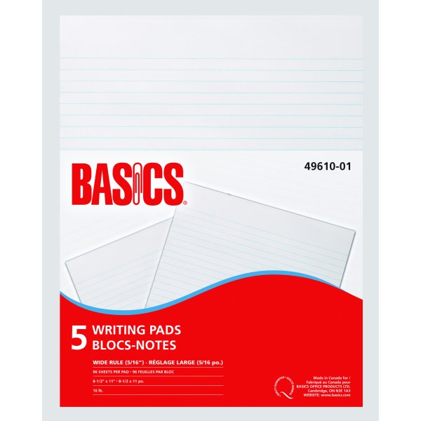 Basics® Writing Pad, Wide Ruled, 5/pkg