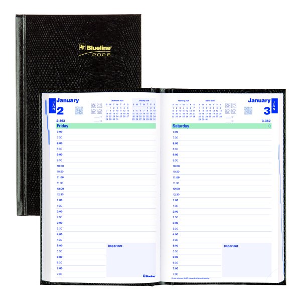 Blueline Traditional Daily Planner, Hard Cover, 8" x 5", Black