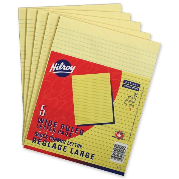 Hilroy Canary Writing Pads, 8-1/2" x 11", Wide Ruled, Canary