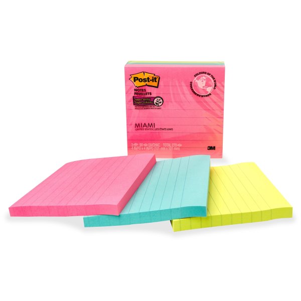 Post-It Super Sticky Lined Notes, 4"x4" Miami