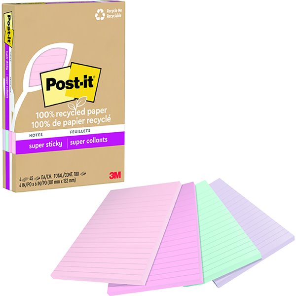 Post-it® 100% Recycled Paper Super Sticky Notes, 4" x 6", Wanderlust ...