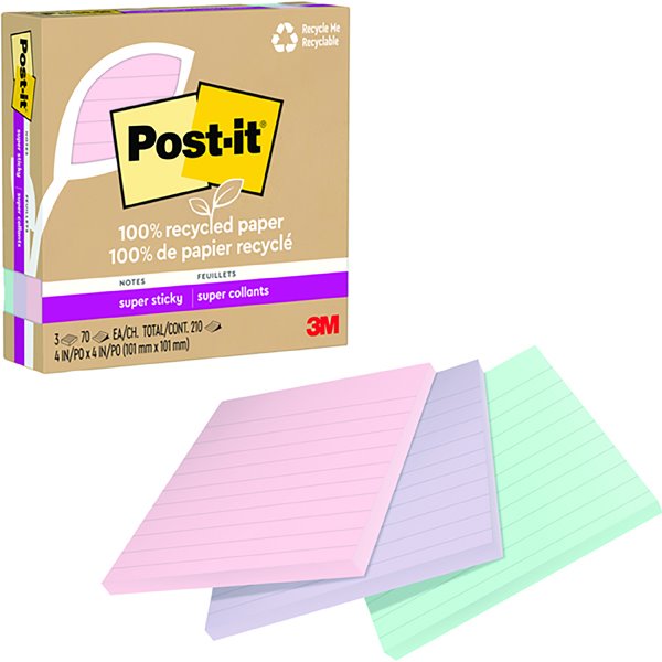 Post-it® 100% Recycled Paper Super Sticky Lined Notes, 4" x 4 ...