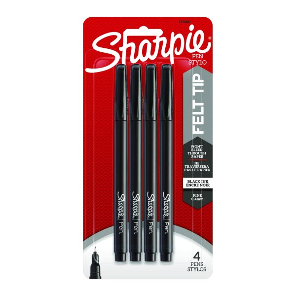 Sharpie Felt Tip Pen, Black, 4/pkg